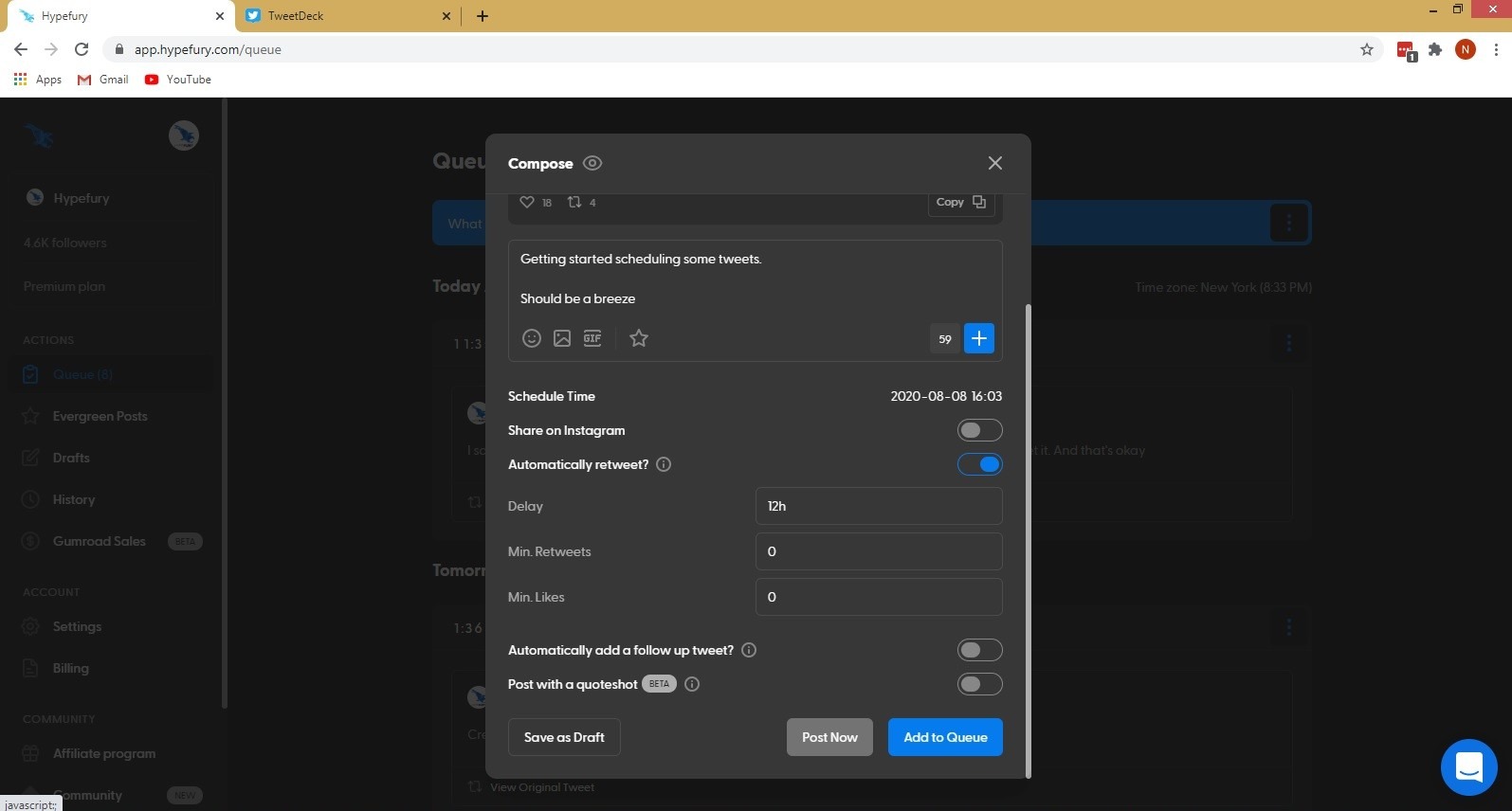 Programmez vos tweets gratuitement avec planificateur - Hypefury